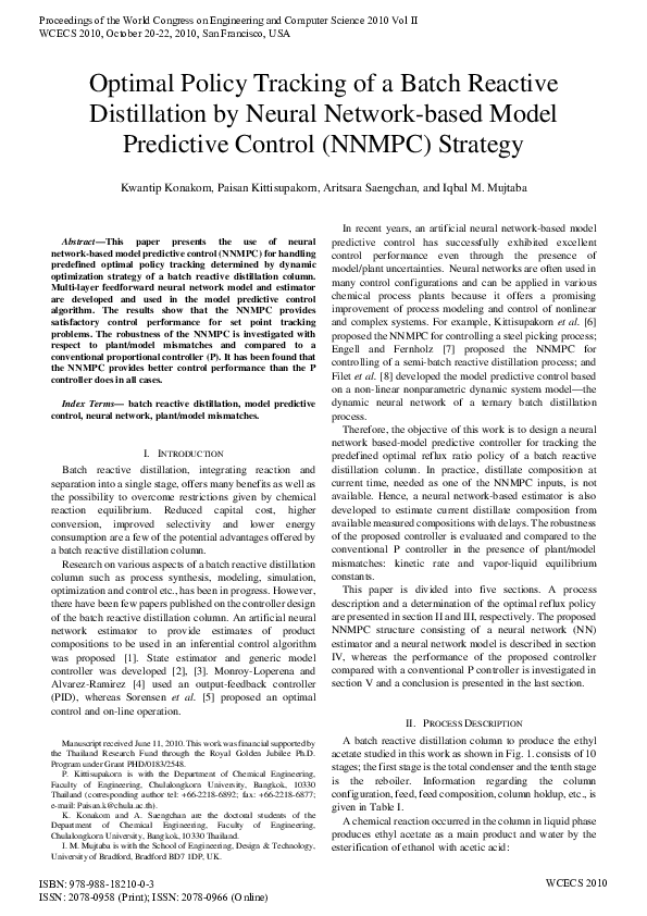 (PDF) Optimal policy tracking of a batch reactive distillation by neural network-based model ...