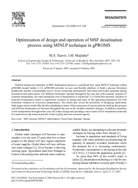 (PDF) Optimisation of design and operation of MSF desalination process using MINLP technique in ...