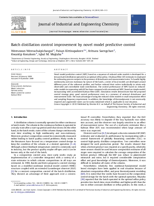 (PDF) Batch distillation control improvement by novel model predictive control