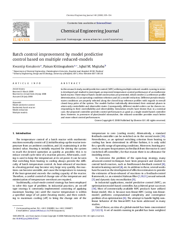 Pdf Batch Control Improvement By Model Predictive Control Based On Multiple Reduced Models