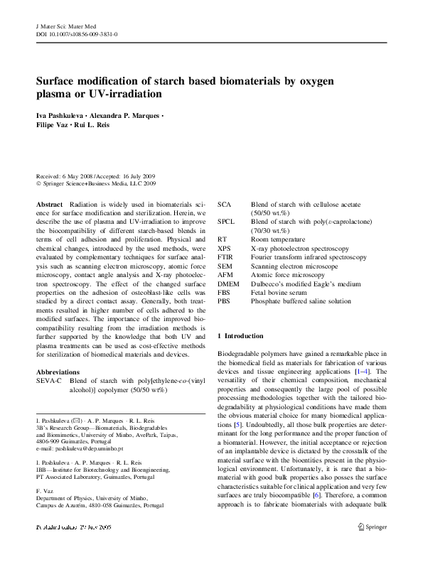 (PDF) Surface modification of starch based biomaterials by oxygen ...