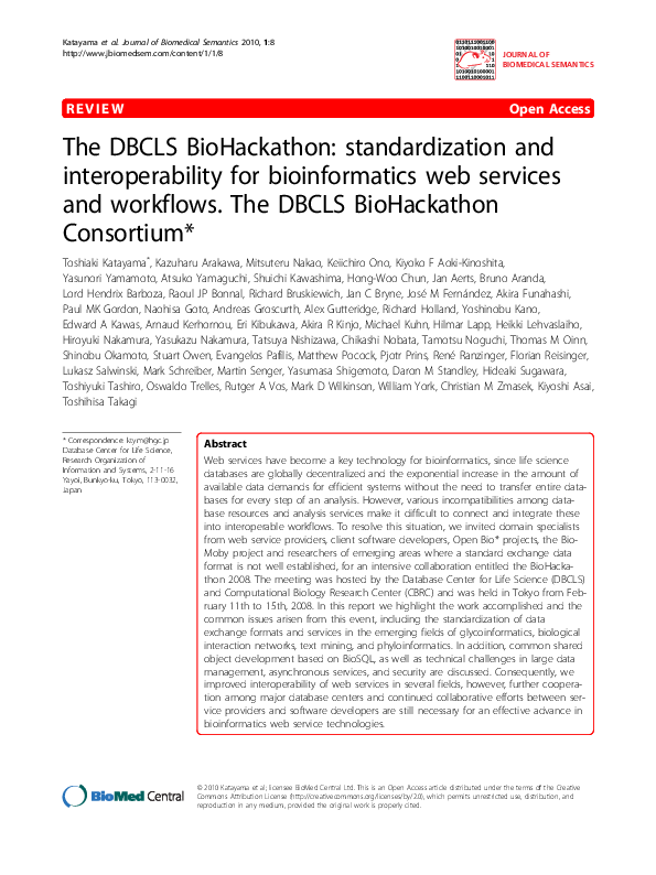 (PDF) The DBCLS BioHackathon: standardization and interoperability for bioinformatics web ...