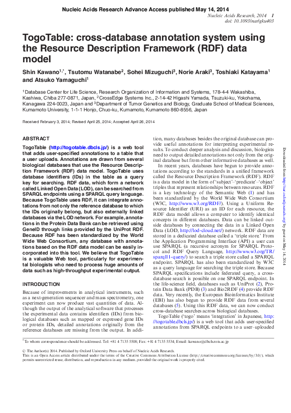 Pdf Togotable Cross Database Annotation System Using The Resource Description Framework Rdf
