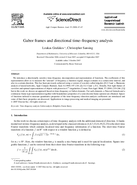 (PDF) Gabor frames and directional time–frequency analysis