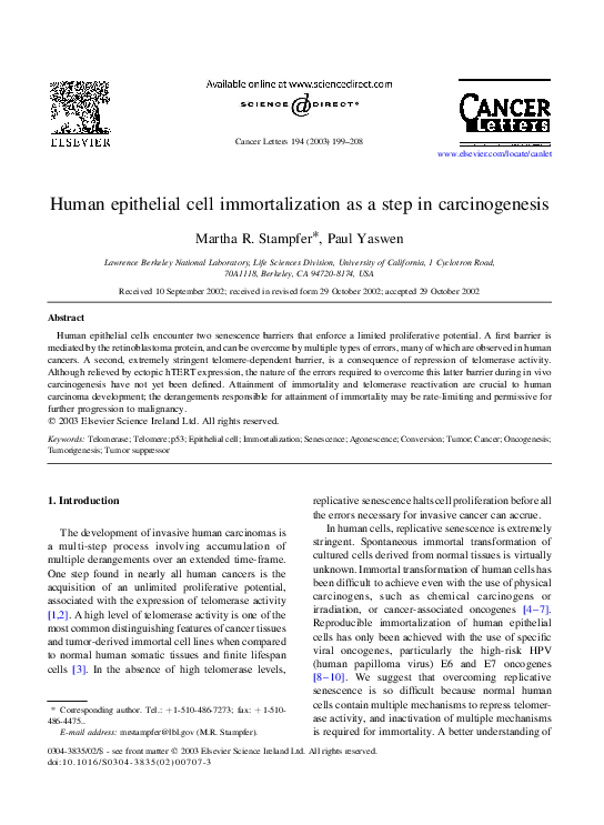(PDF) Human epithelial cell immortalization as a step in carcinogenesis
