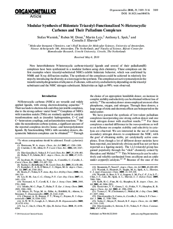 (PDF) Modular synthesis of bidentate triazolyl-functionalized N-heterocyclic carbenes and their ...