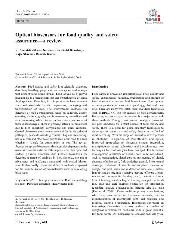 (PDF) Optical biosensors for food quality and safety assurance—a review