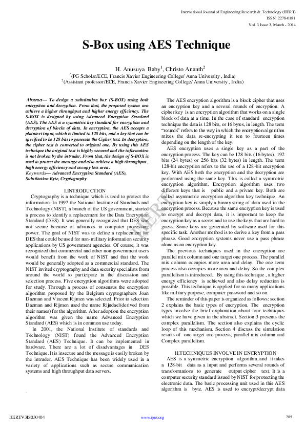 (PDF) S-Box using AES Technique
