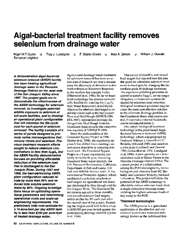 (PDF) Algal-bacterial treatment facility removes selenium from drainage ...
