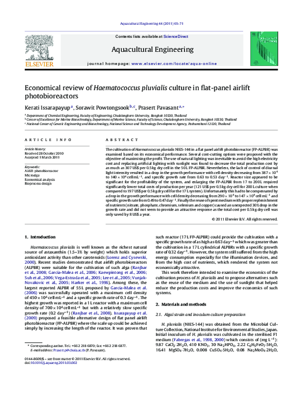 (PDF) Cost Analysis of Haematococcus pluvialis in Airlift Photobioreactors