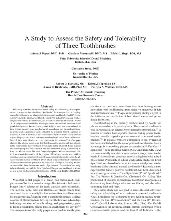 (PDF) A study to assess the safety and tolerability of three toothbrushes
