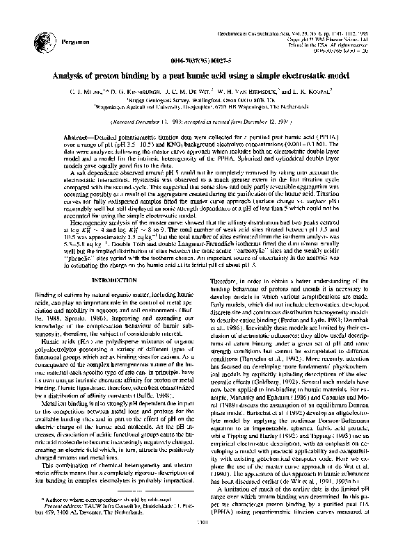 Pdf Analysis Of Proton Binding By A Peat Humic Acid Using A Simple Electrostatic Model