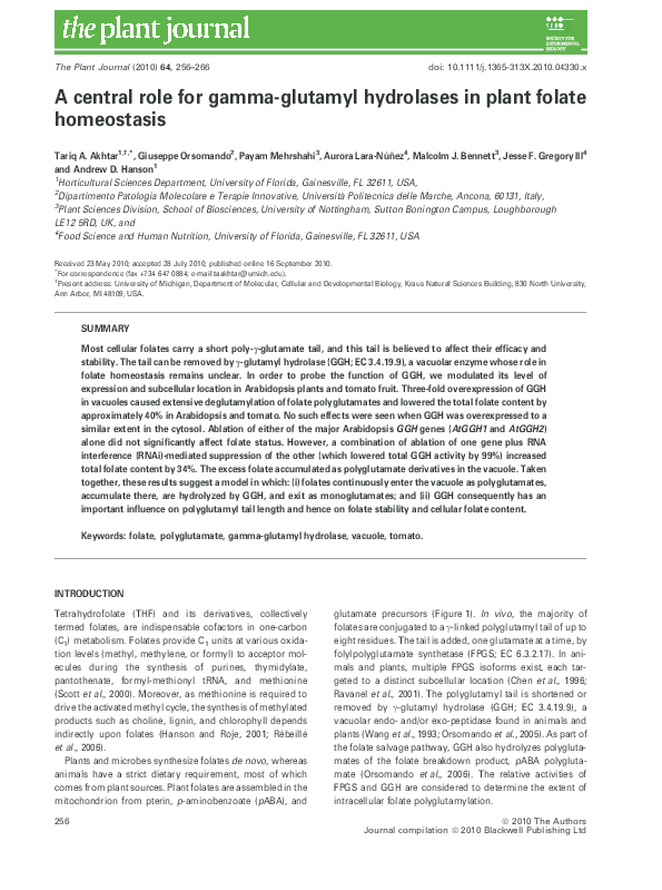 (PDF) A central role for gamma-glutamyl hydrolases in plant folate ...