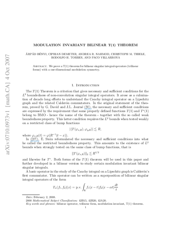 Pdf Modulation Invariant Bilinear T 1 Theorem