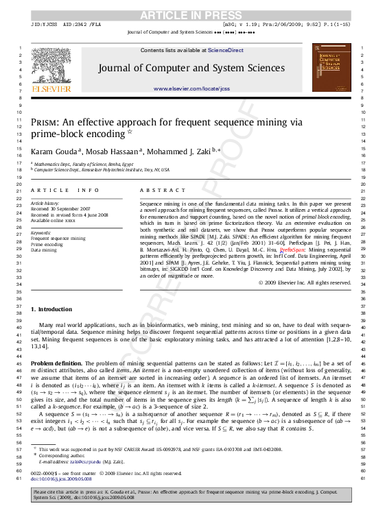 (PDF) Prism: An effective approach for frequent sequence mining via prime-block encoding