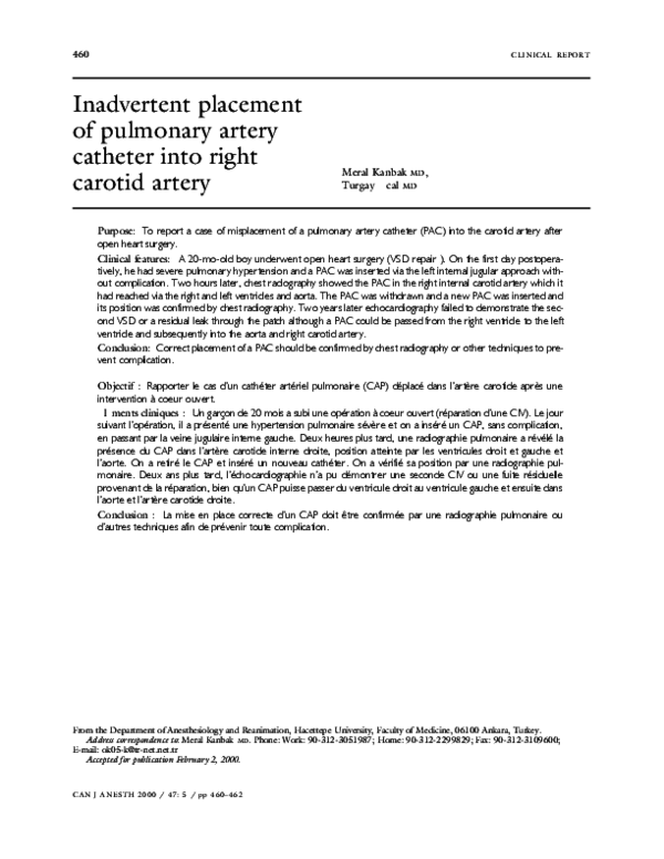 (PDF) Inadvertent placement of a pulmonary artery catheter in the ...
