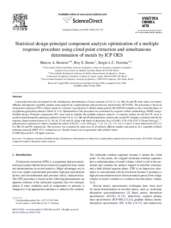 Pdf Statistical Design Principal Component Analysis Optimization Of A Multiple Response