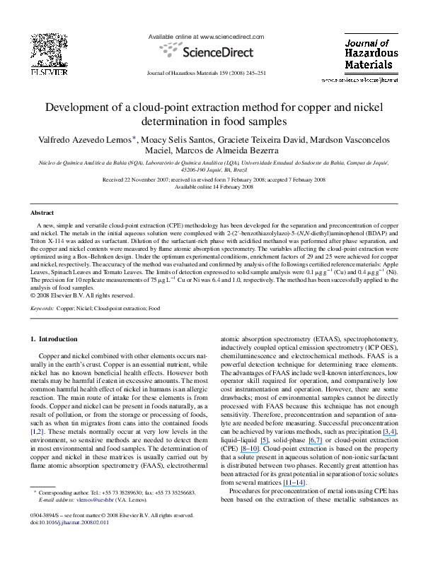 (PDF) Development of a cloud-point extraction method for copper and ...