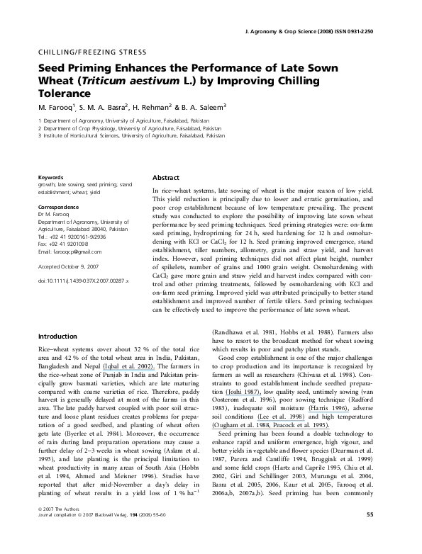 Pdf Seed Priming Enhances The Performance Of Late Sown Wheat