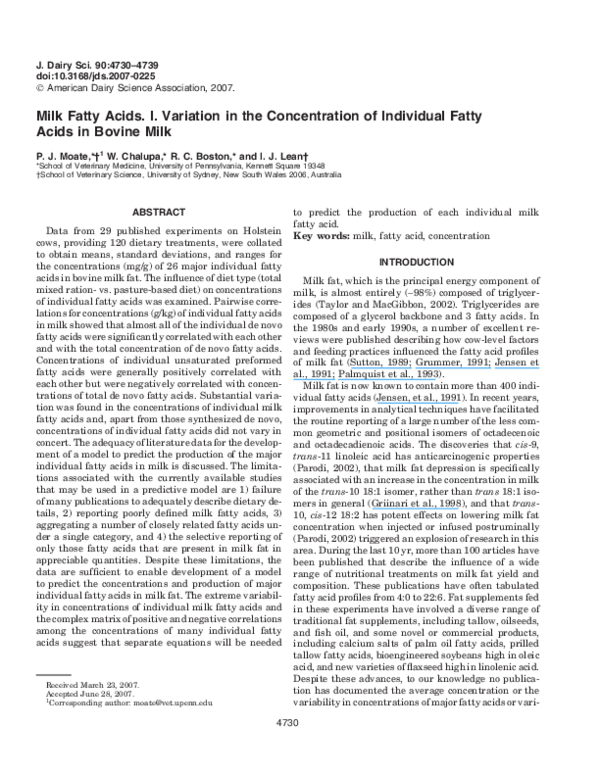 (PDF) Milk fatty acids. I. Variation in the concentration of individual fatty acids in bovine milk