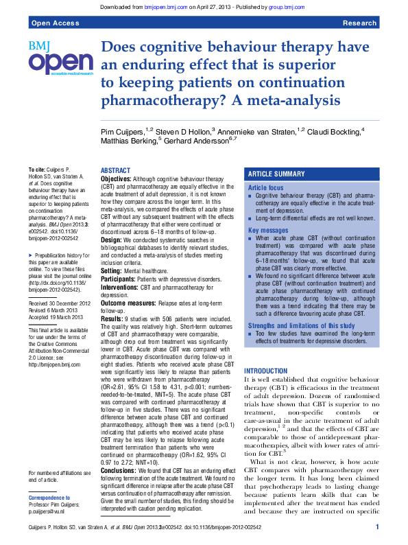 (PDF) Does cognitive behaviour therapy have an enduring effect that is superior to keeping ...