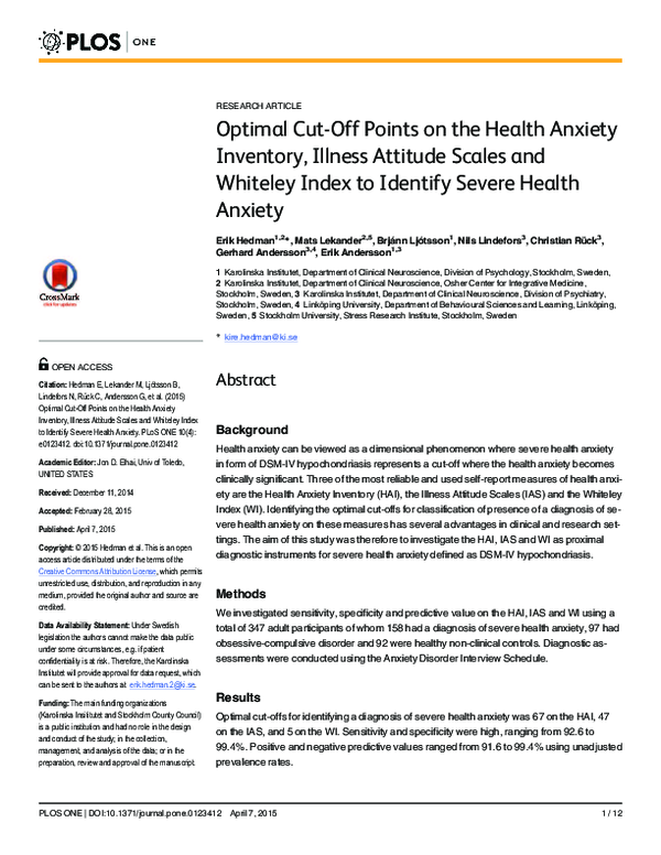(PDF) Optimal Cut-Off Points on the Health Anxiety Inventory, Illness ...