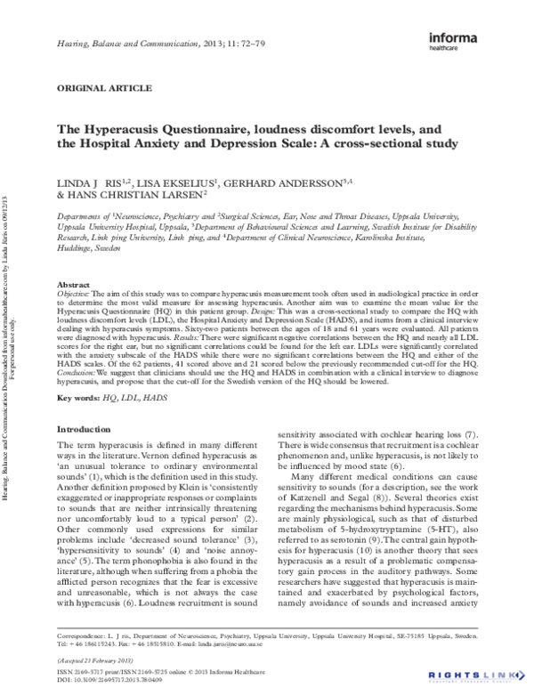 (PDF) The Hyperacusis Questionnaire, loudness discomfort levels, and ...