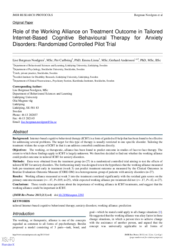 (PDF) Role of the working alliance on treatment outcome in tailored internet-based cognitive ...
