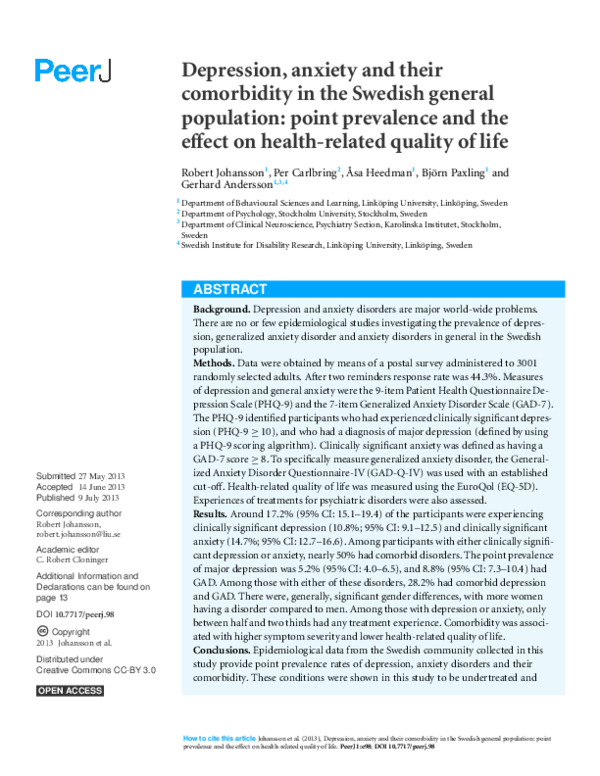 (PDF) Depression, anxiety and their comorbidity in the Swedish general ...
