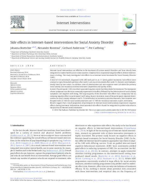 (PDF) Side effects in Internet-based interventions for Social Anxiety ...