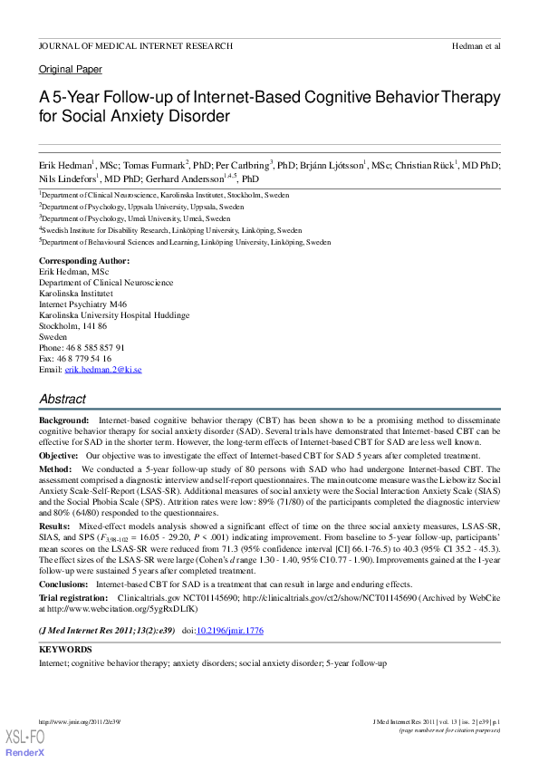 (PDF) A 5-Year Follow-up of Internet-Based Cognitive Behavior Therapy for Social Anxiety Disorder