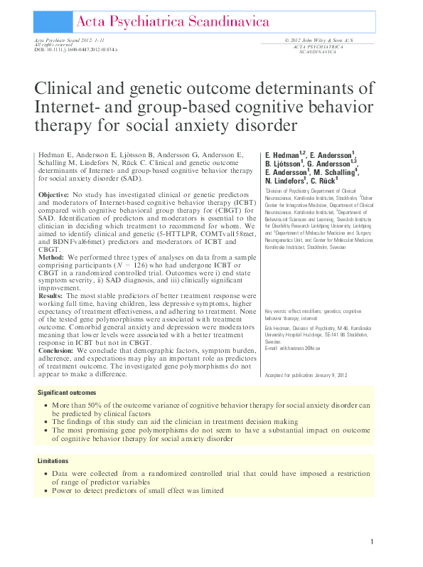 (PDF) Clinical and genetic outcome determinants of Internet- and group-based cognitive behavior ...