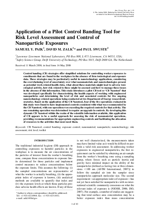 (PDF) Application of a Pilot Control Banding Tool for Risk Level ...