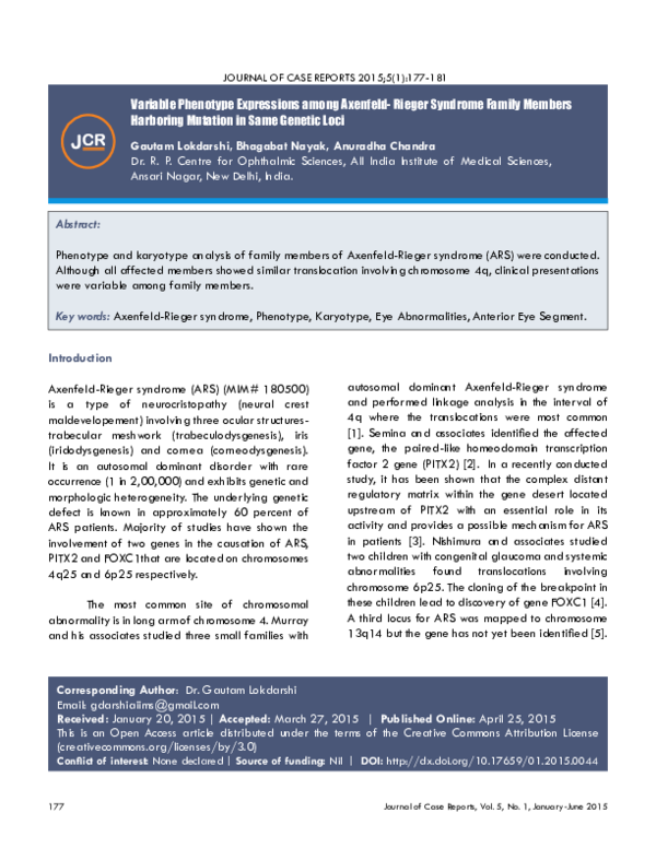 (PDF) Variable Phenotype Expressions among Axenfeld- Rieger Syndrome ...