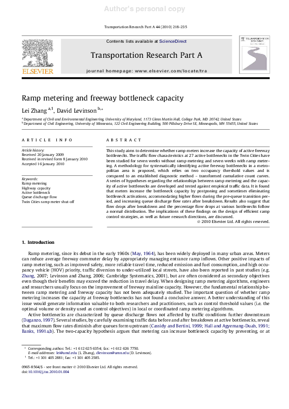 Pdf Ramp Metering And Freeway Bottleneck Capacity