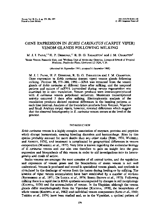 (PDF) Gene expression in Echis carinatus (carpet viper) venom glands following milking
