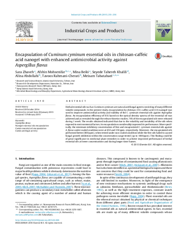 Pdf Encapsulation Of Cuminum Cyminum Essential Oils In Chitosan Caffeic Acid Nanogel With