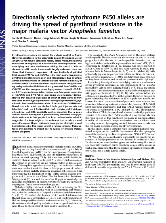 (PDF) Directionally selected cytochrome P450 alleles are driving the spread of pyrethroid ...