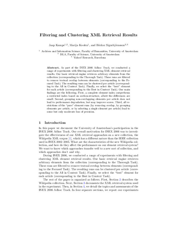 (PDF) Filtering and Clustering XML Retrieval Results