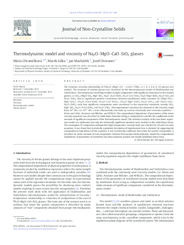 (PDF) Thermodynamic model and viscosity of Na2O–MgO–CaO–SiO2 glasses