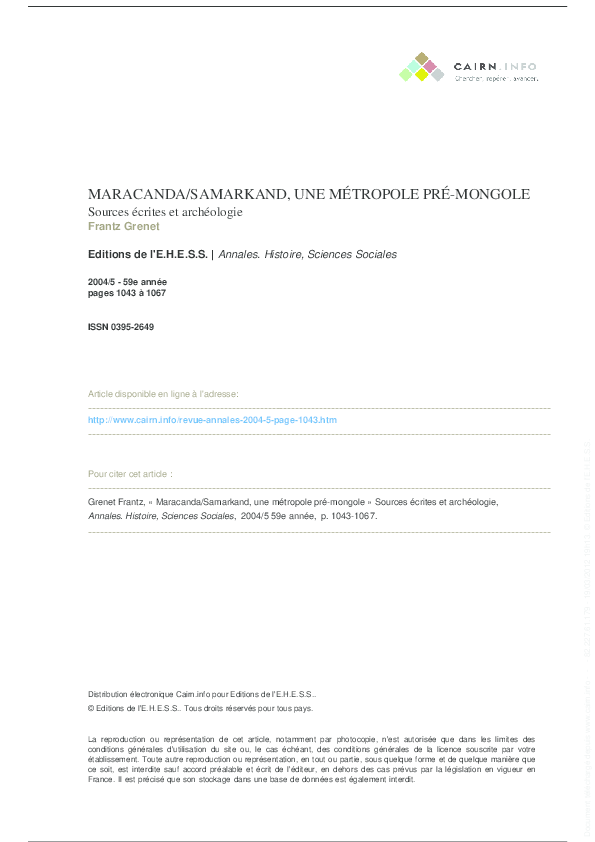 (PDF) Maracanda / Samarkand, une métropole pré-mongole : sources ...