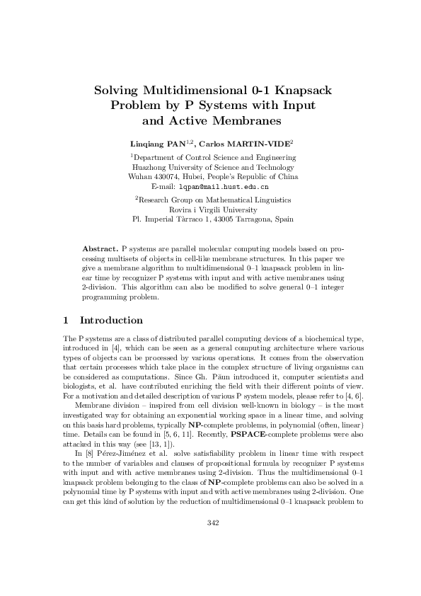 (PDF) Solving multidimensional 0–1 knapsack problem by P systems with input and active membranes