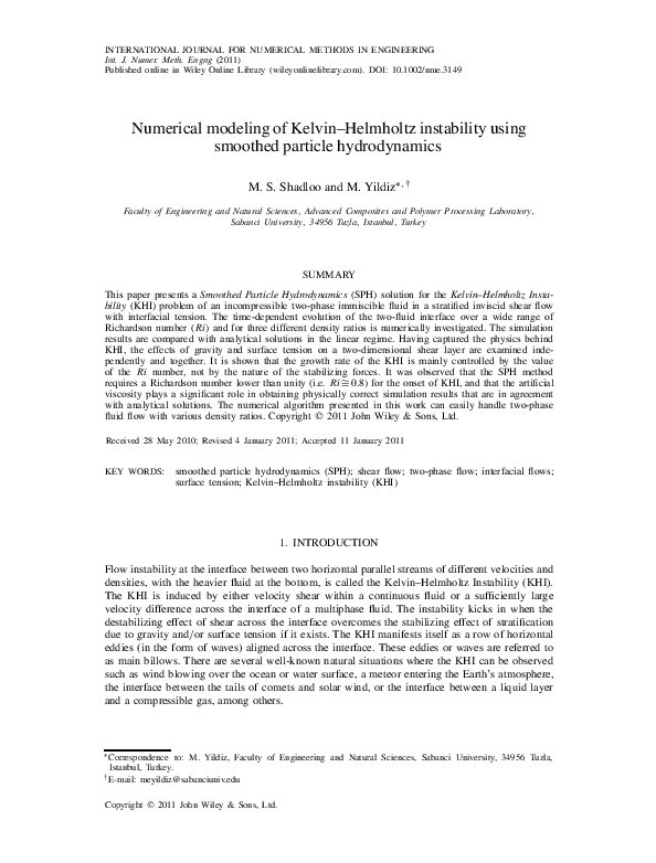 (PDF) Numerical modeling of Kelvin-Helmholtz instability using smoothed particle hydrodynamics