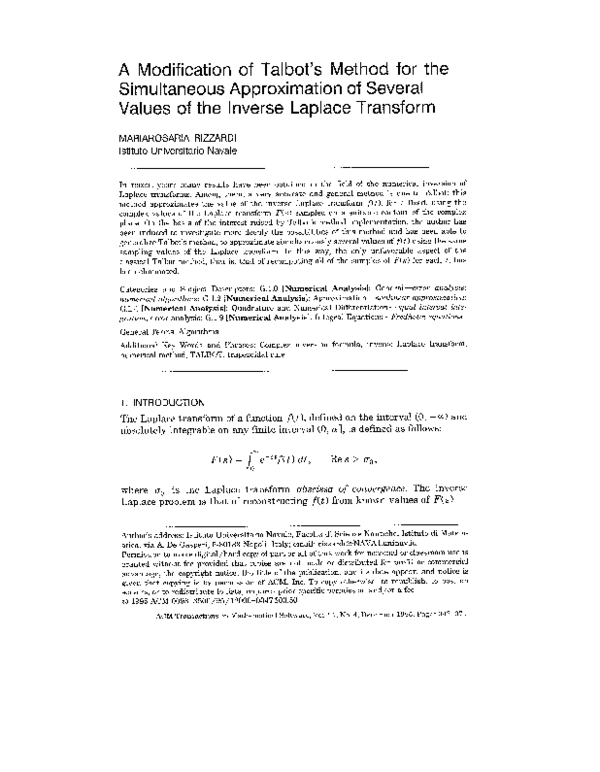 (PDF) A modification of Talbot's method for the simultaneous approximation of several values of ...