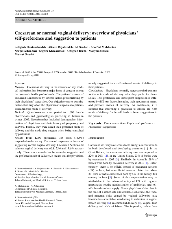 Pdf Caesarean Or Normal Vaginal Delivery Overview Of Physicians