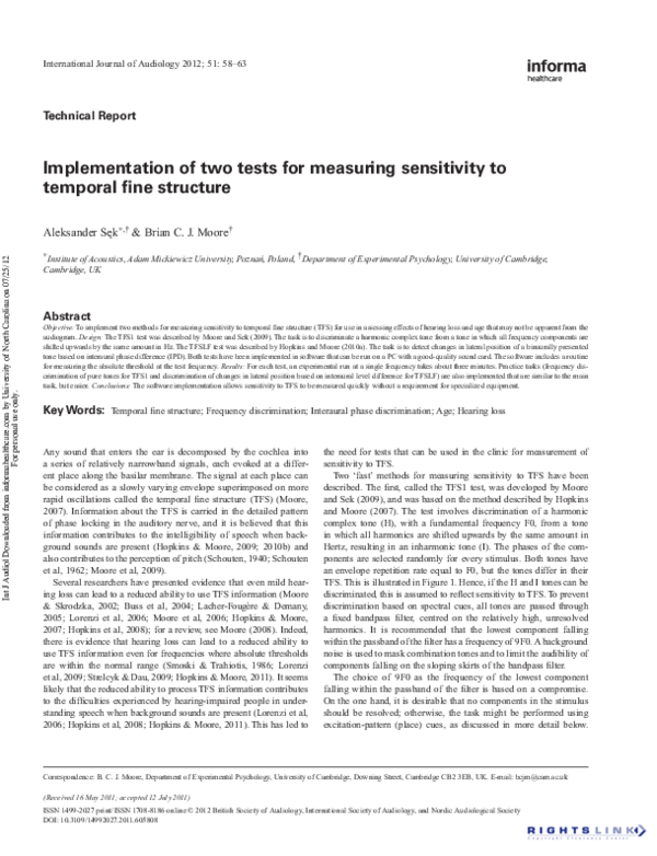 Pdf Implementation Of Two Tests For Measuring Sensitivity To Temporal Fine Structure