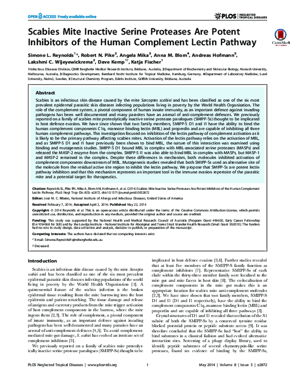 (PDF) Scabies mite inactive serine proteases are potent inhibitors of ...