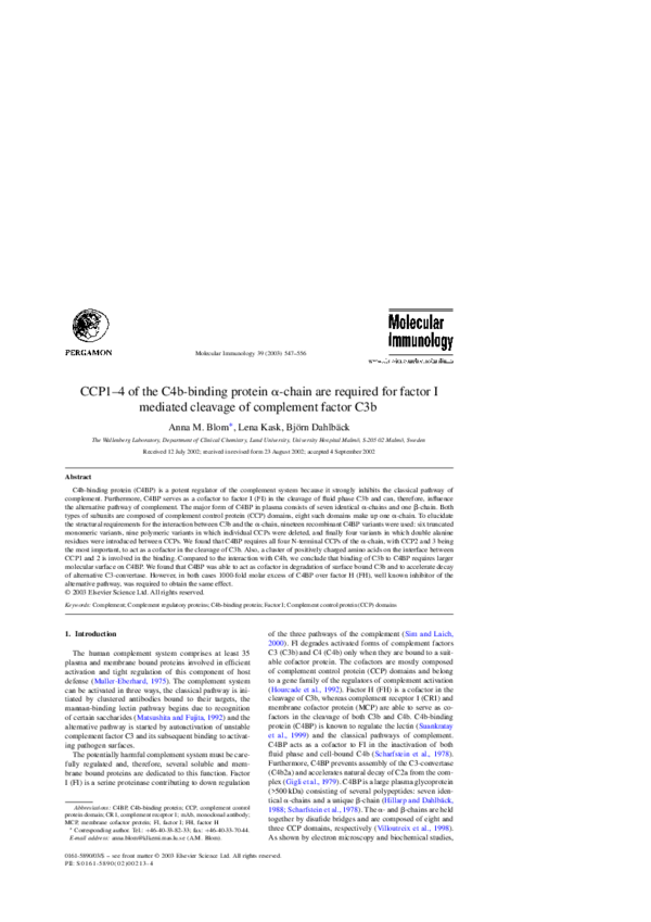 (PDF) CCP1–4 of the C4b-binding protein α-chain are required for factor I mediated cleavage of ...