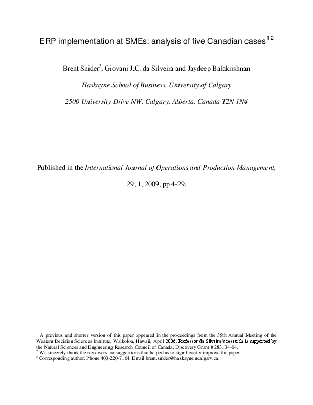 Pdf Erp Implementation At Smes Analysis Of Five Canadian Cases 1 2