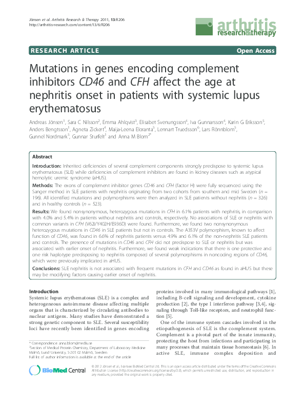 (PDF) Mutations in genes encoding complement inhibitors CD46 and CFH affect the age at nephritis ...